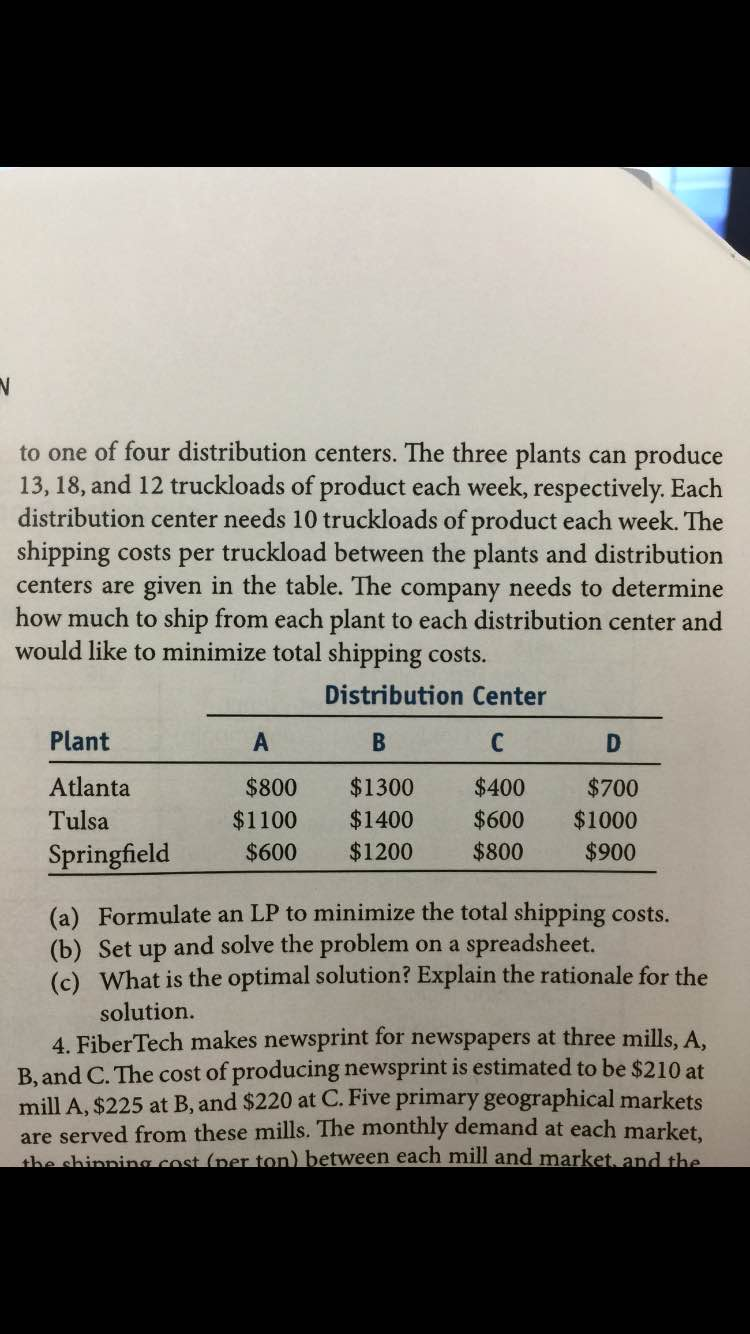 Solved to one of four distribution centers. The three plants | Chegg.com
