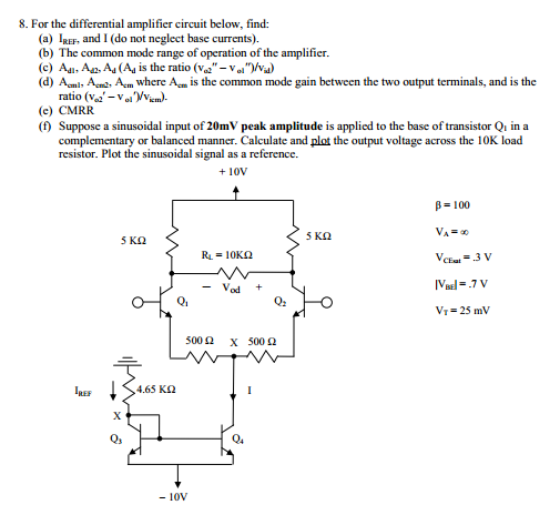 Solved 8. For the differential amplifier circuit below, | Chegg.com