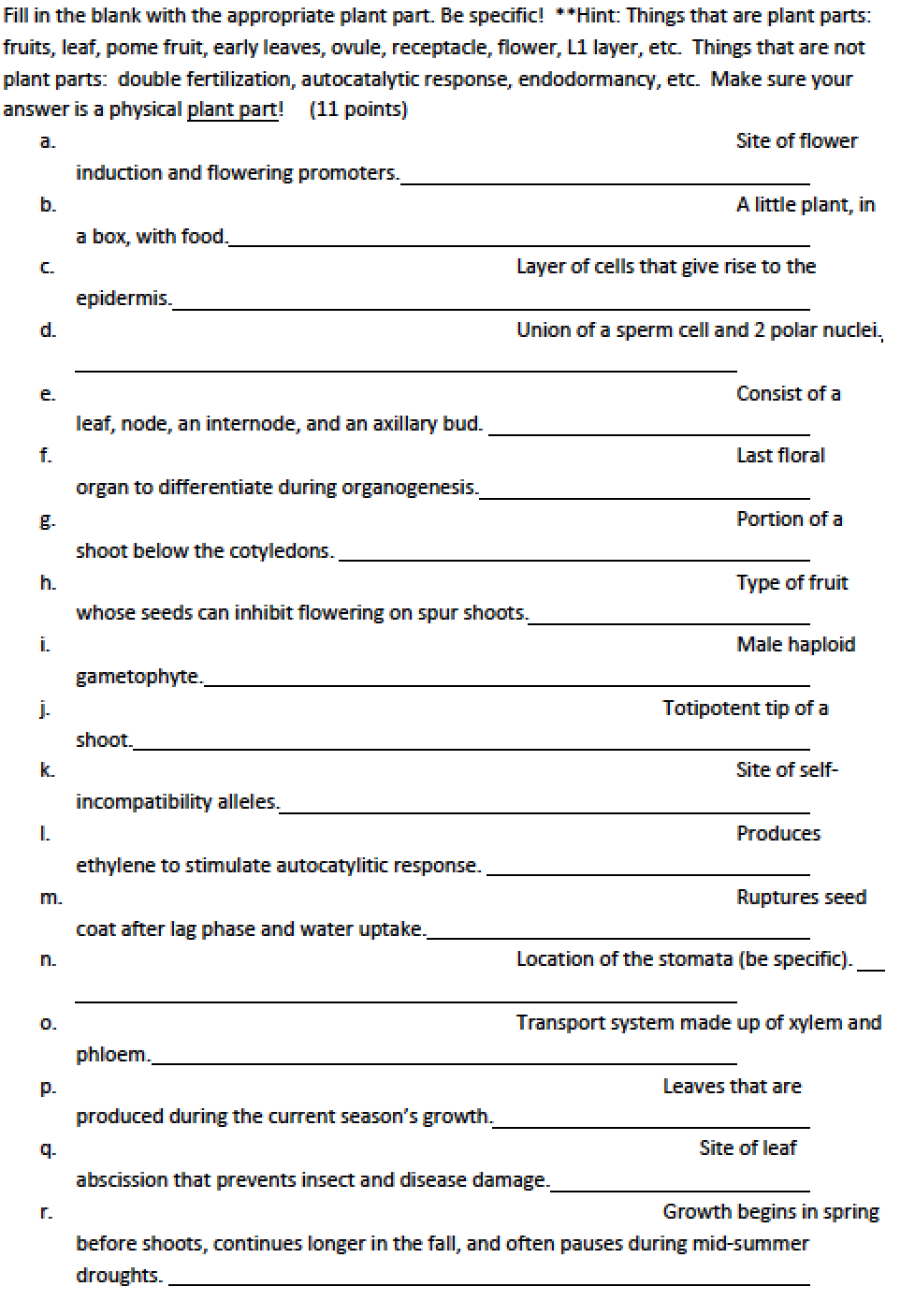 Solved Fill in the blank with the appropriate plant part. Be | Chegg.com