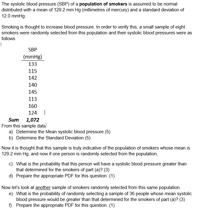 Solved The systolic blood pressure (SBP) of a population of | Chegg.com