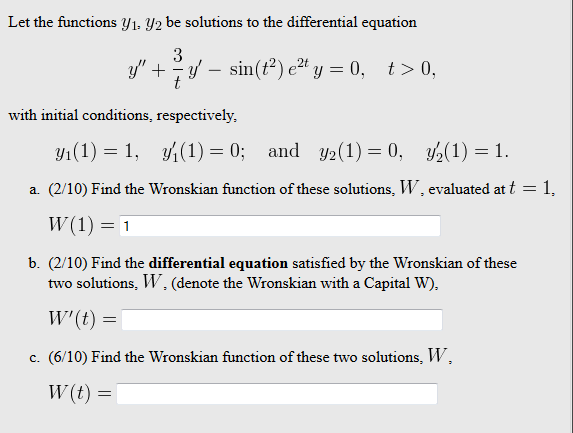 Solved Let the functions y1 y2 be solutions to the | Chegg.com
