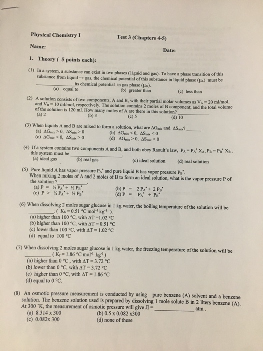 Solved Physical Chemistry I Test 3 (Chapters 4-50 Name: | Chegg.com