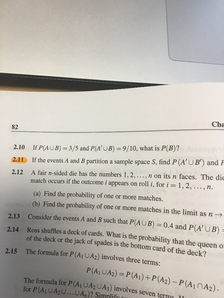 Solved Cha 82 2.10 If P(AUB) 3/5 and P(A'UB) 9/10, what is | Chegg.com