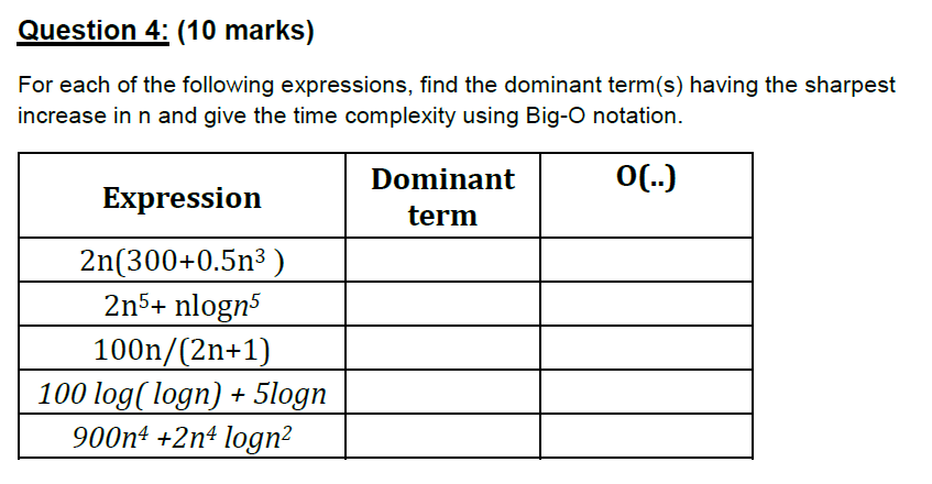 Solved Question 4: (10 marks) For each of the following | Chegg.com