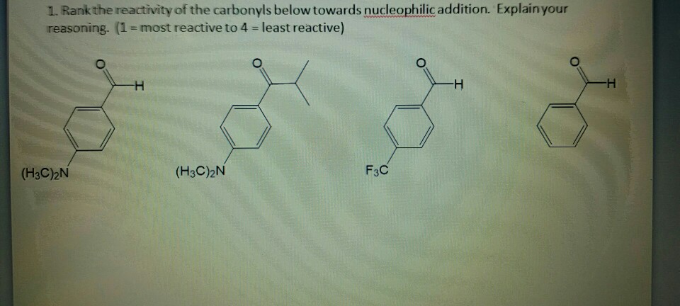 Solved 1. Rank the reactivity of the carbonyls below towards | Chegg.com