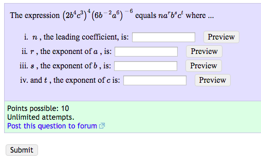 Solved The expression (2b^4c^3)^4 (6b^-2 a^6)^-6 equals na^r | Chegg.com