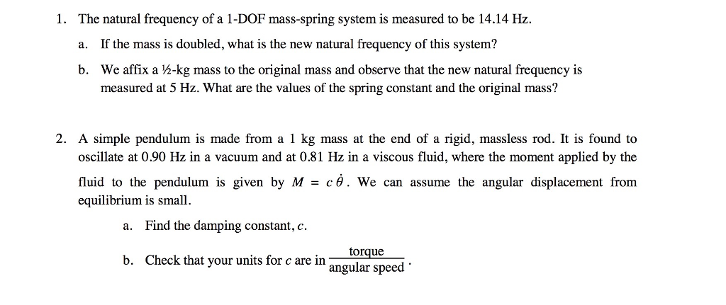 Solved 1. The natural frequency of a 1-DOF mass-spring | Chegg.com