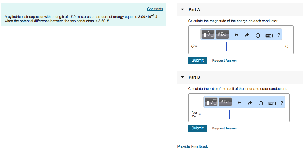 Solved Constants Part A A cylindrical air capacitor with a | Chegg.com
