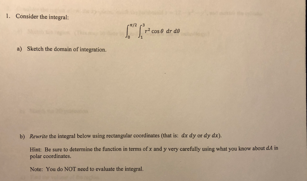 Solved 1. Consider the integral: K"fra cose drde a) Sketch | Chegg.com