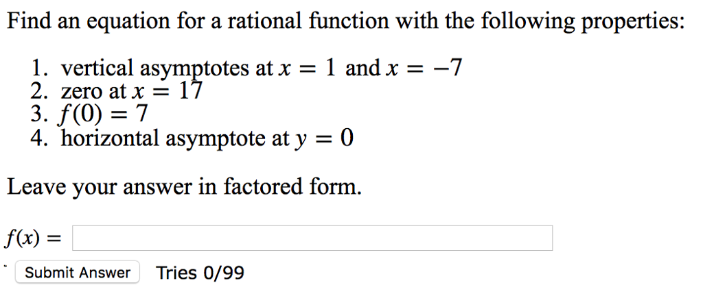 Solved Find an equation for a rational function with the | Chegg.com