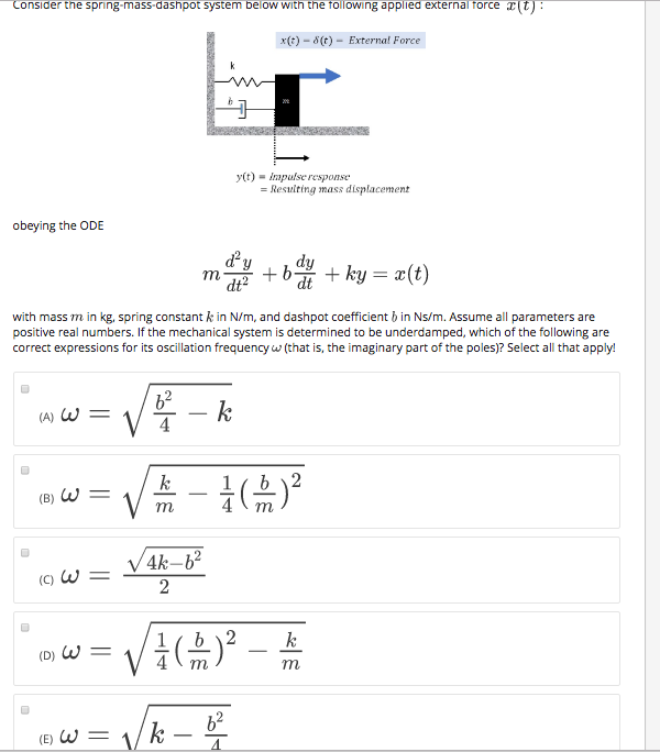 Solved Consider the spring-mass-dashpot system below with | Chegg.com Solved Consider the spring-mass-dashpot system below with | Chegg.com