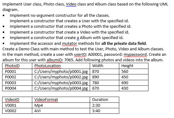 Solved Java N Implement User Class Photo Class 9338