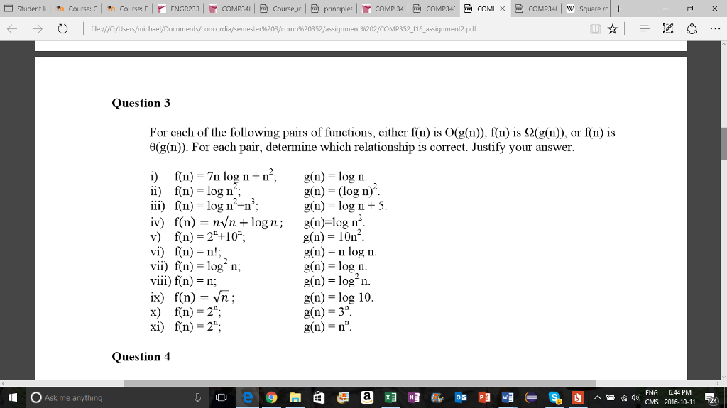 Solved For each of the following pairs of functions, either | Chegg.com