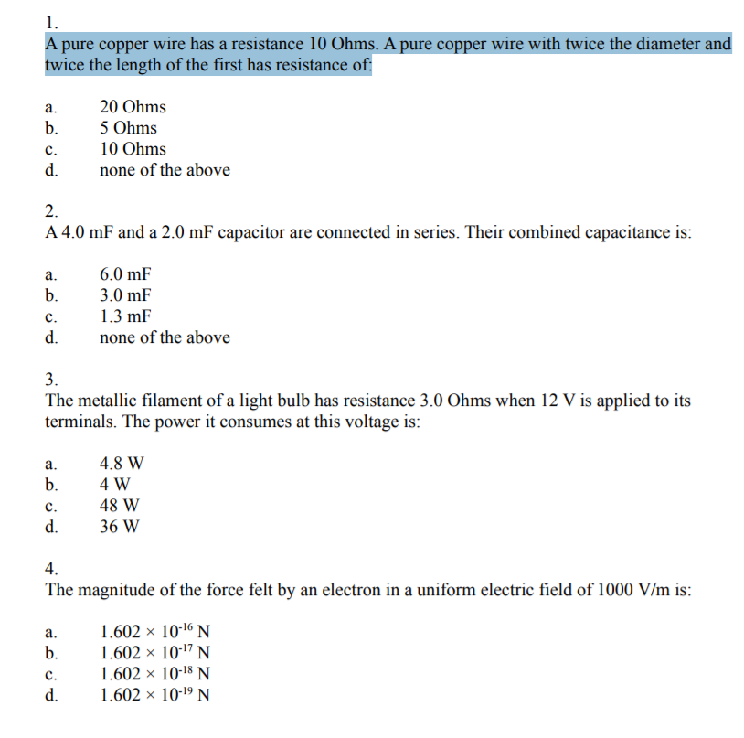 Solved pure copper wire has a resistance 10 Ohms. A pure | Chegg.com