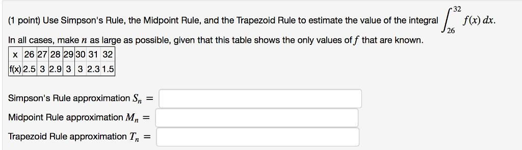 Solved r 32 (1 point) Use Simpson's Rule, the Midpoint Rule, | Chegg.com