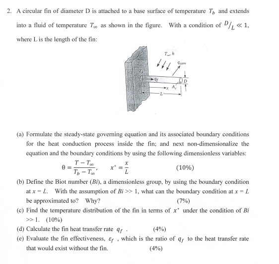 Solved 2. A circular fin of diameter D is attached to a base | Chegg.com