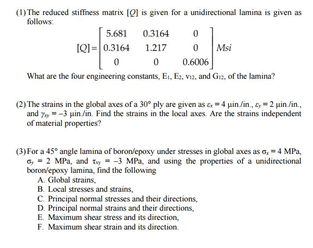 Solved The reduced stiffness matrix [Q] is given for a | Chegg.com