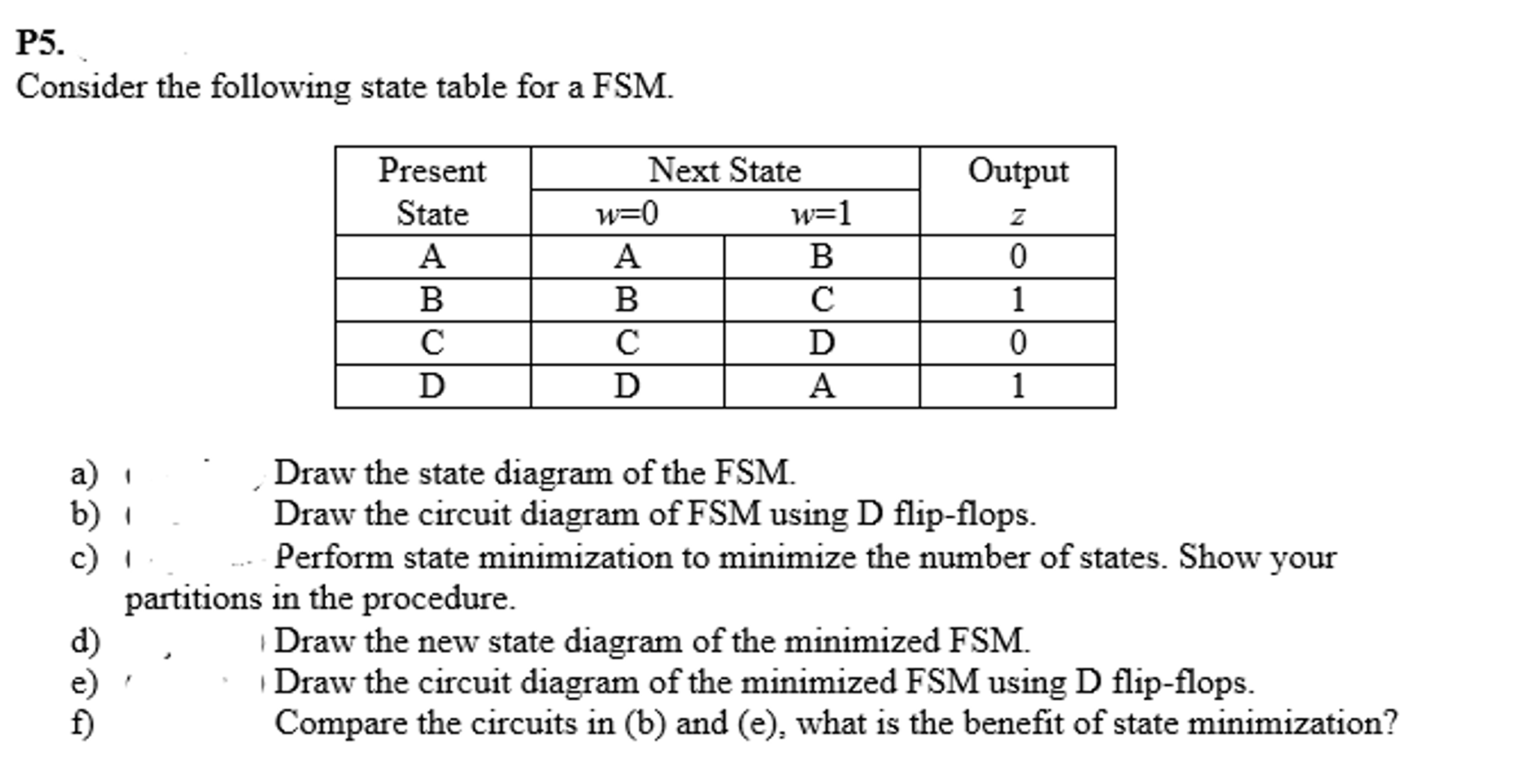 Solved Consider the following state table for a FSM. Draw | Chegg.com