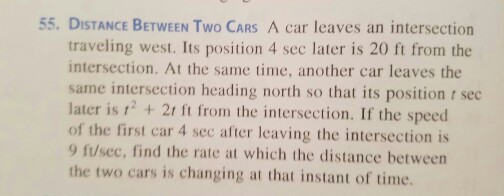 Solved 55. DISTANCE BETwEEN Two CARS A car leaves an | Chegg.com