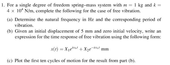 Solved For a single degree of freedom spring-mass system | Chegg.com