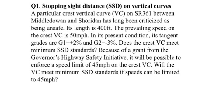 Solved Stopping sight distance (SSI)) on vertical curves A | Chegg.com
