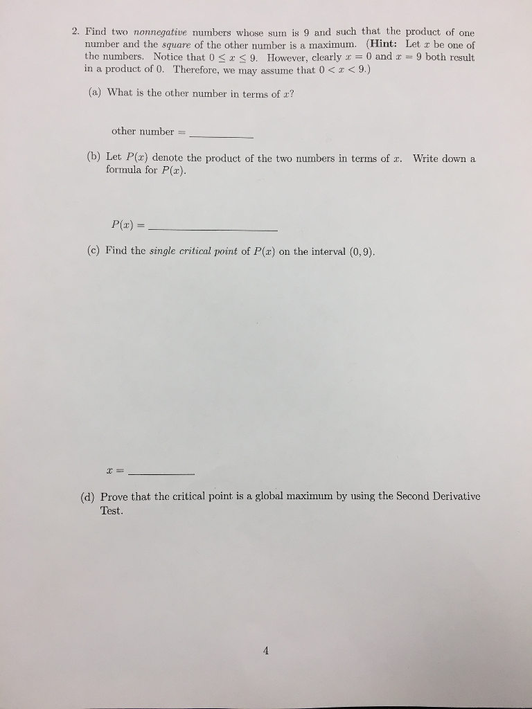 Solved 2. Find two nonnegative numbers whose sum is 9 and | Chegg.com
