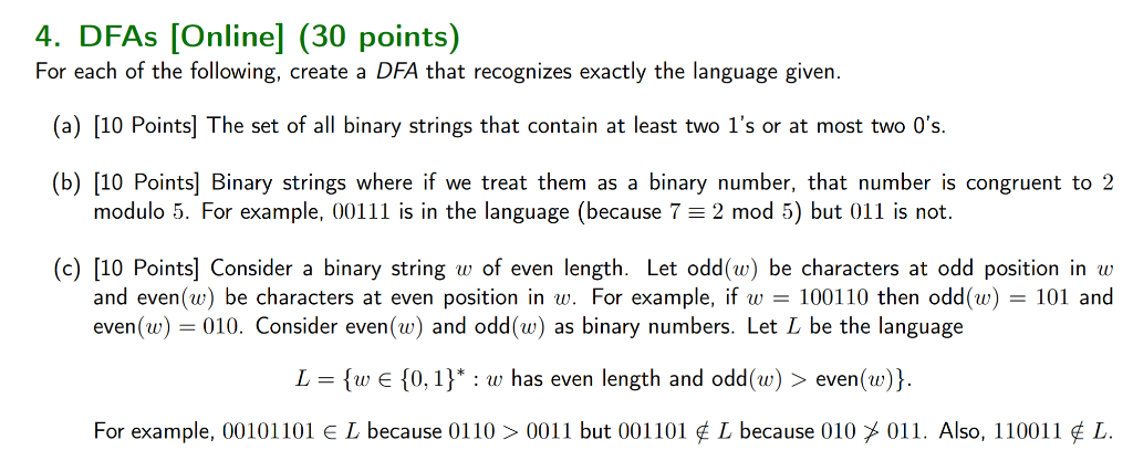 Solved 4. DFAs [Onlinel (30 points) For each of the | Chegg.com