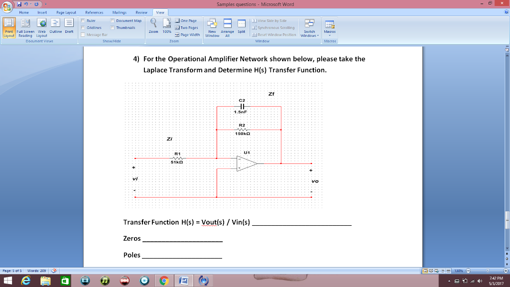 Solved For the Operational Amplifier Network shown below, | Chegg.com