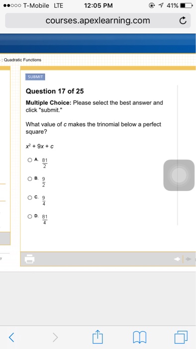 Solved What value of c makes the trinomial below a perfect | Chegg.com