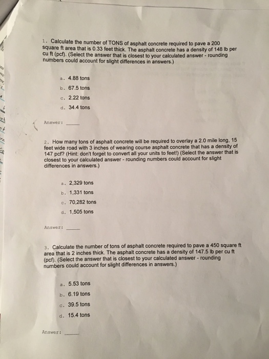Solved Calculate the number of TONS of asphalt concrete | Chegg.com
