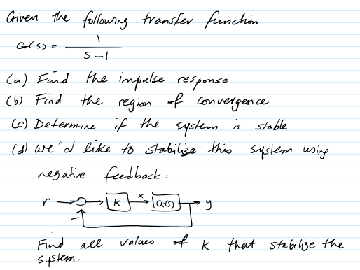 Solved Given the following transfer function G(s) = 1/s -1 | Chegg.com