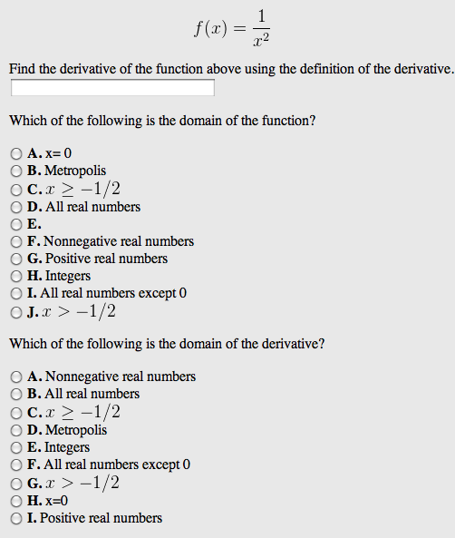 Solved f(x) = 1/x2 Find the derivative of the function | Chegg.com