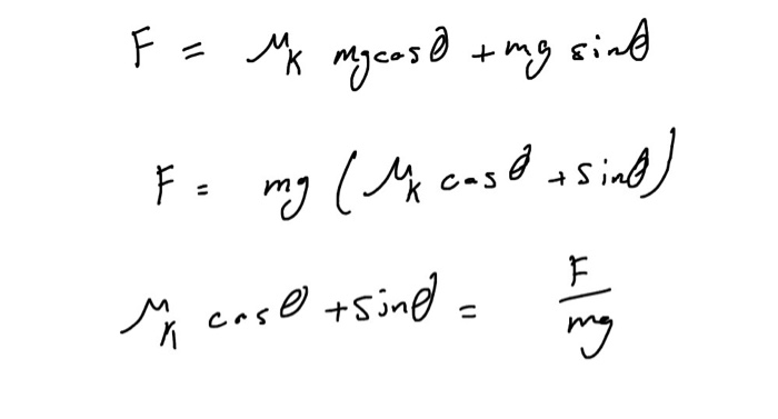 Solved F = mue_K mgcas theta + mg sin theta F = mg(mue cost | Chegg.com
