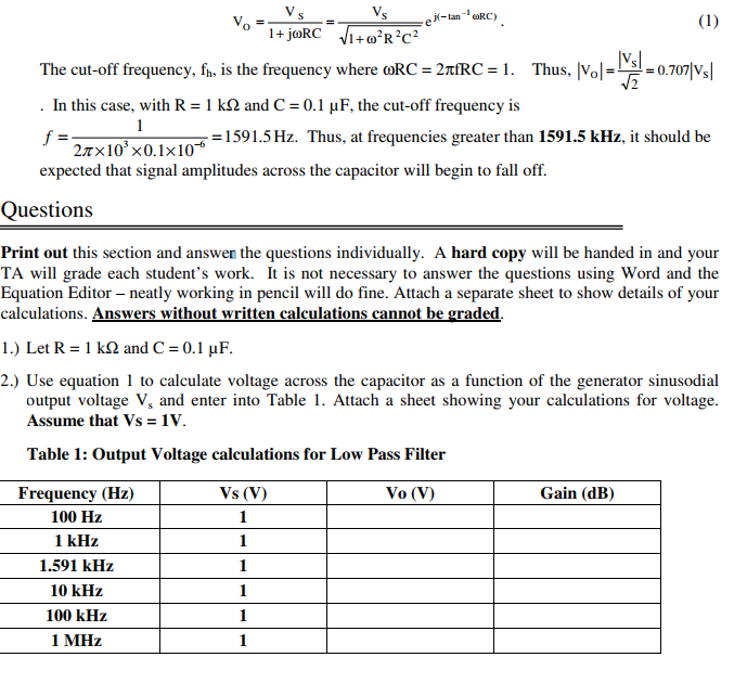 Solved V_o = V_s/1 + j omega RC = V_s/Squareroot 1 + omega^2 | Chegg.com