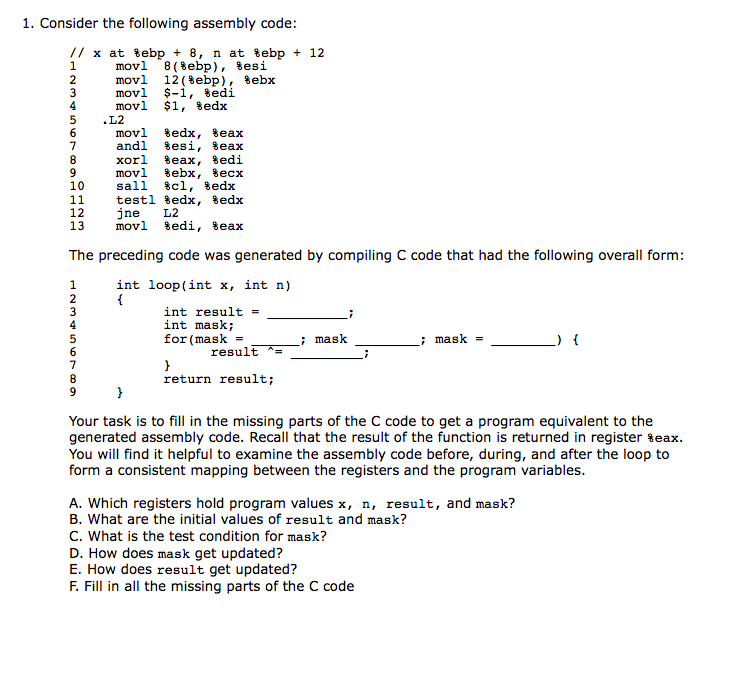 Solved 1. Consider the following assembly code: // x at %ebp | Chegg.com