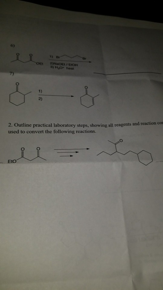Solved 1) 2)NaOEt/ EtOH 3) HO* heat Br 1) 2) 2. Outline | Chegg.com