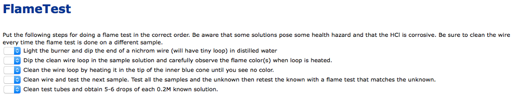Solved Put the following steps for doing a flame test in the | Chegg.com