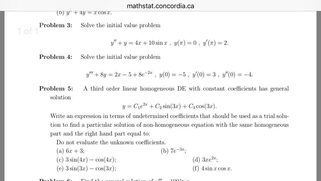 Solved mathstat.concordia.ca Problem 3: Solve the initial | Chegg.com