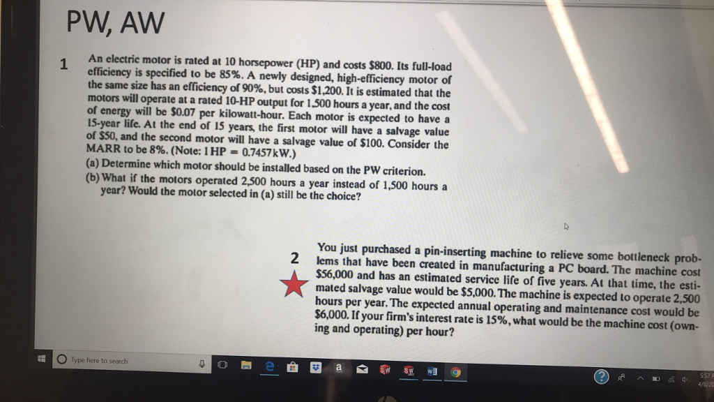 Solved PW, AW An electric motor is rated at 10 horsepower | Chegg.com
