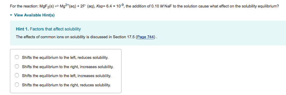 Solved For the reaction: MgF2(s)Mg2 (aq)+2F (aq), Ksp- 6.4x | Chegg.com