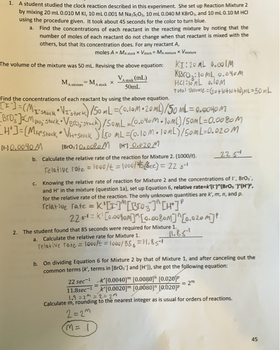 Solved 1. A student studied the clock reaction described in | Chegg.com