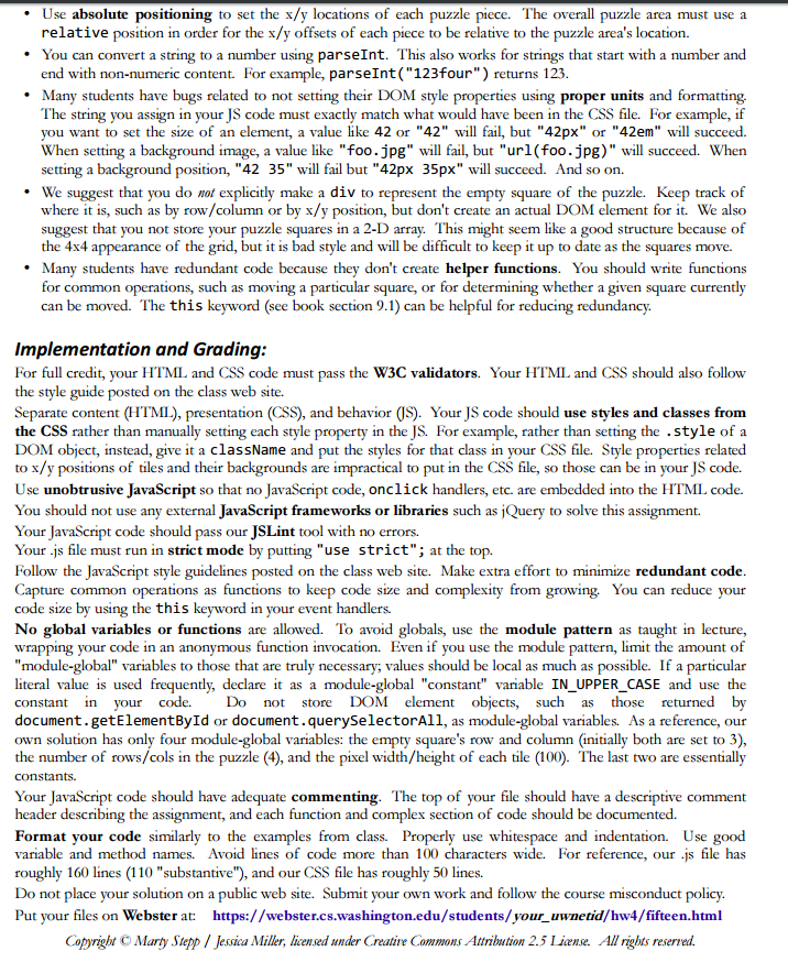 Sliding fifteen puzzle given a css puzzle, write the | Chegg.com