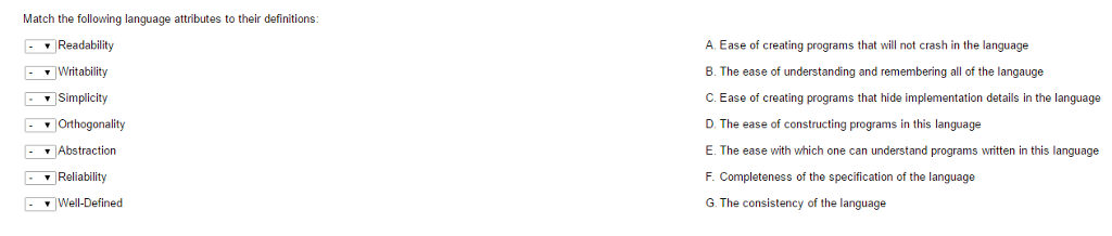 Solved Match the following language attributes to their | Chegg.com