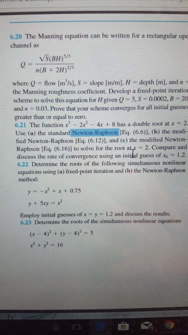 Solved 6 20 The Manning Equation Can Be Written For A