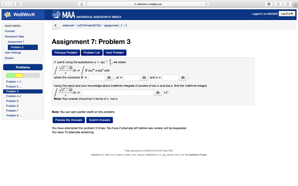 Solved ID MAA MAHEMATICAL ASSOCIATION OF AMERICA WeBWorK | Chegg.com Solved ID MAA MAHEMATICAL ASSOCIATION OF AMERICA WeBWorK | Chegg.com