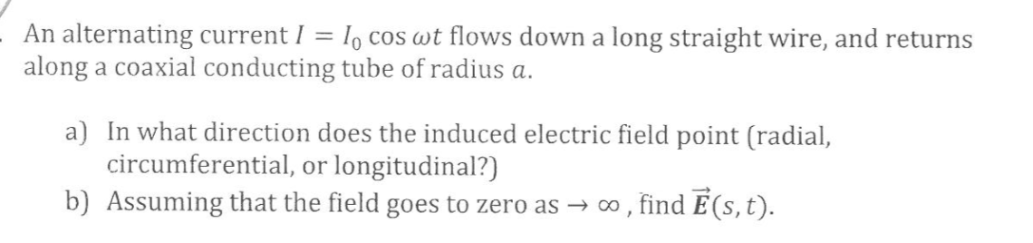Solved An alternating current I = I_0 cos cot flows down a | Chegg.com