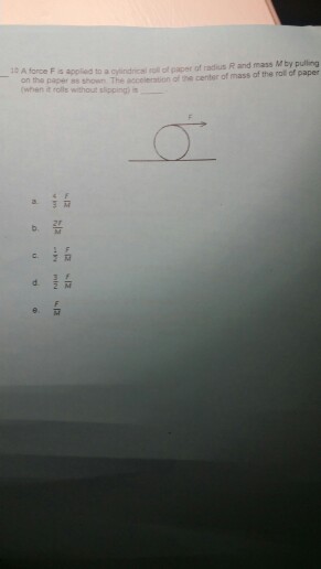 Solved A force F is applied to a cylindrical roll of paper | Chegg.com