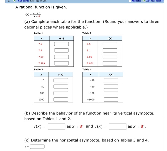 Solved A rational function is given. r(x) = 4x + 1/x - 8 | Chegg.com Solved A rational function is given. r(x) = 4x + 1/x - 8 | Chegg.com
