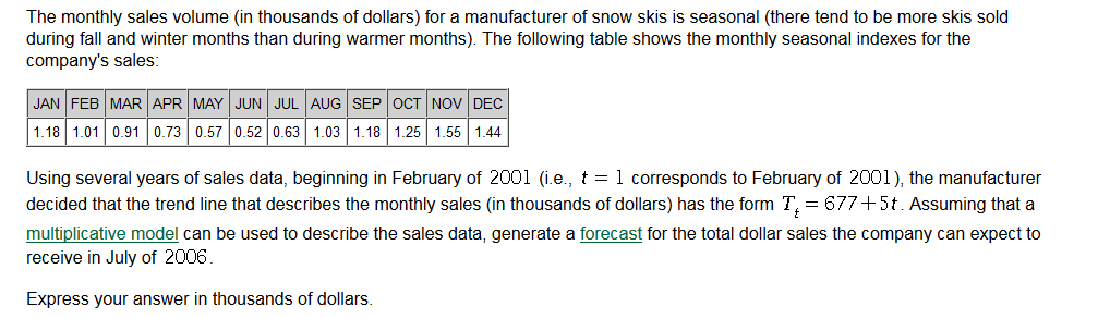 Solved The monthly sales volume (in thousands of dollars) | Chegg.com