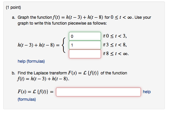 Solved (1 point) a. Graph the function f(t) h(t-3) +h(t -8) | Chegg.com